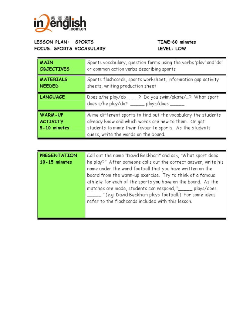 Sports Lesson Plan | Vocabulary | Lesson Plan