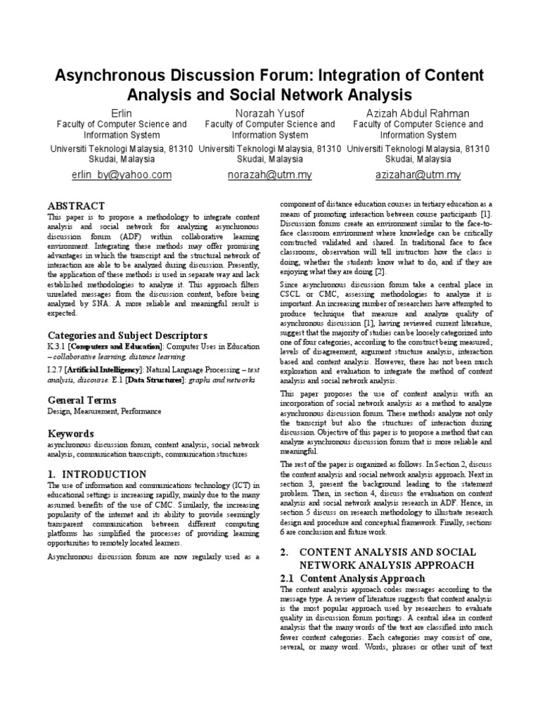 Asynchronous Discussion Forum Integration of Content Analysis and ...