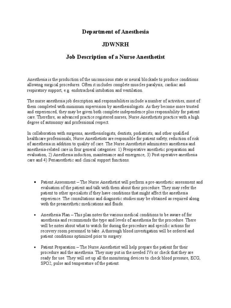Job Description of A Nurse Anesthetist | PDF | Anesthesiologist ...