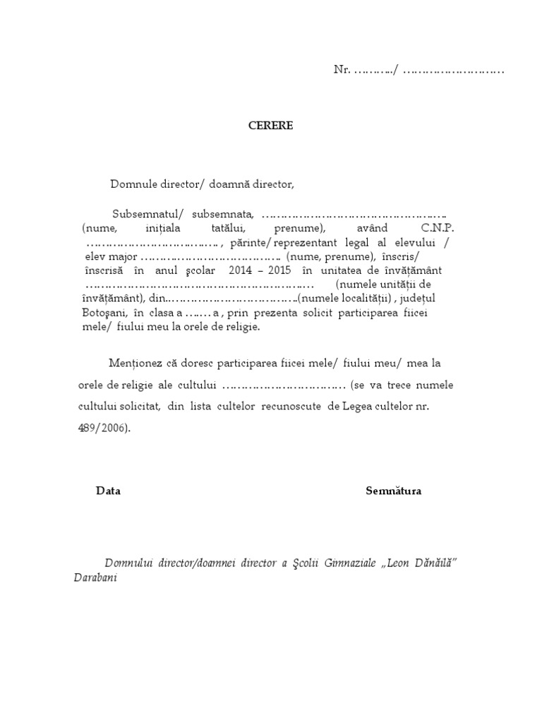 Cerere Ora de Religie | PDF