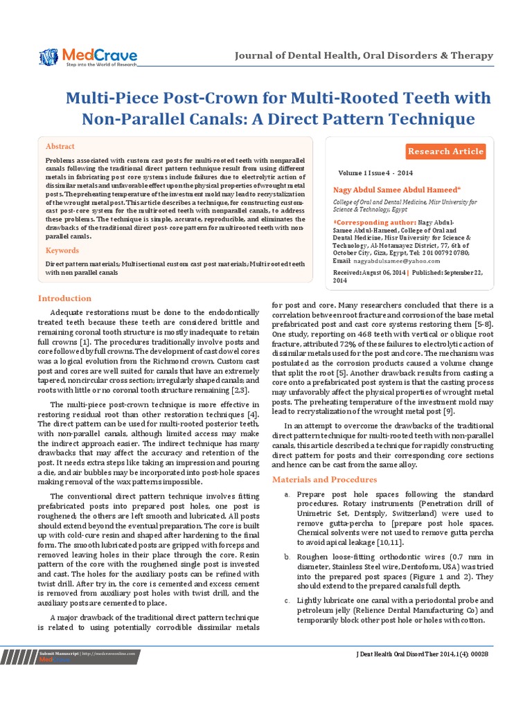 Multi-Piece Post-Crown For Multi-Rooted Teeth With Non-Parallel Canals ...