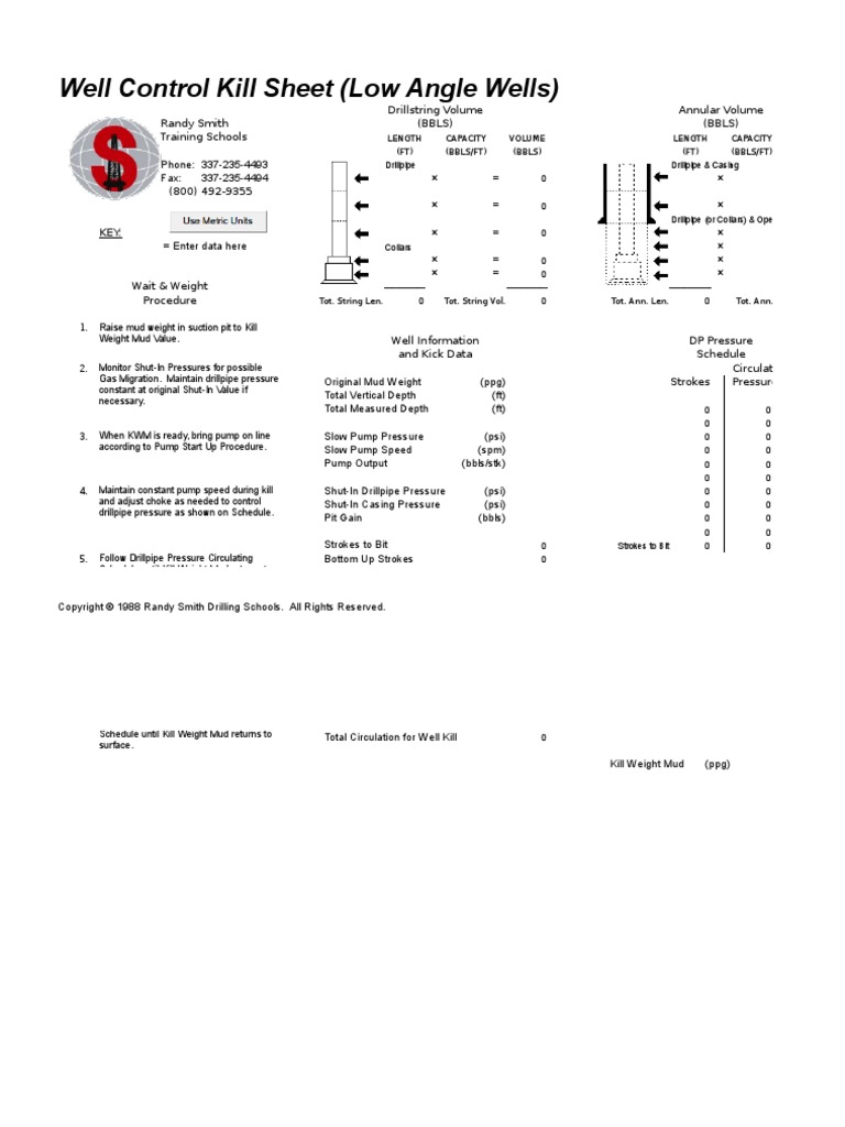 Well Control Kill Sheet (Low Angle Wells) | PDF | Chemical Engineering ...
