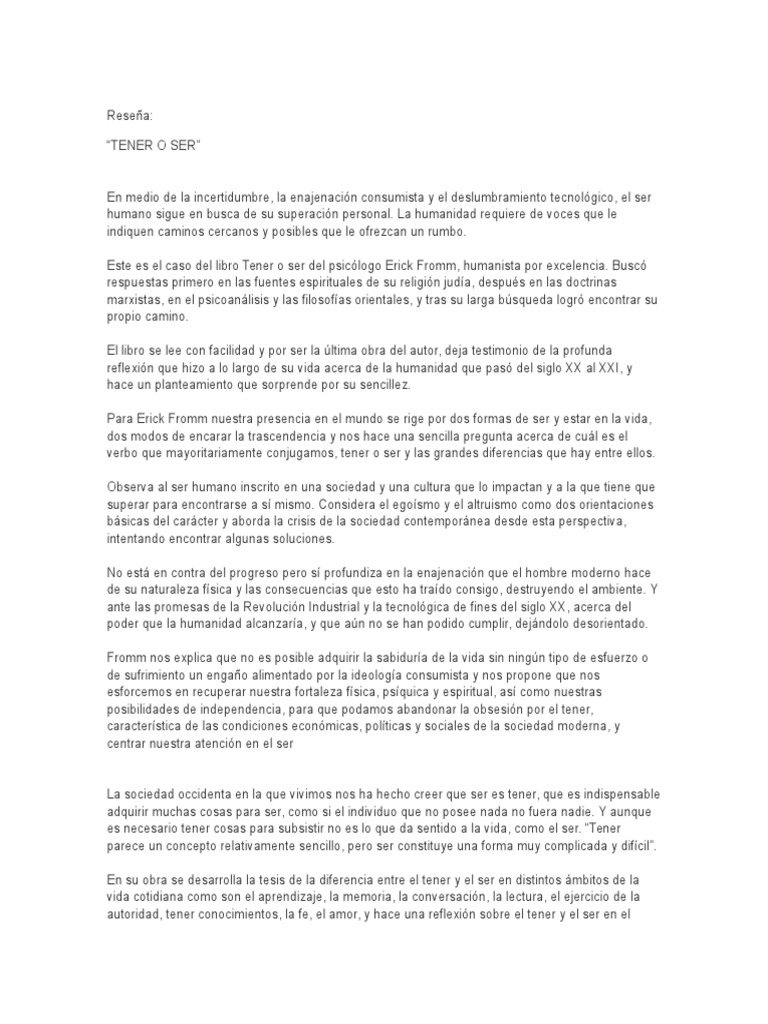 Diferencia entre Tener y Ser en Fromm | PDF | Erich Fromm | Vida