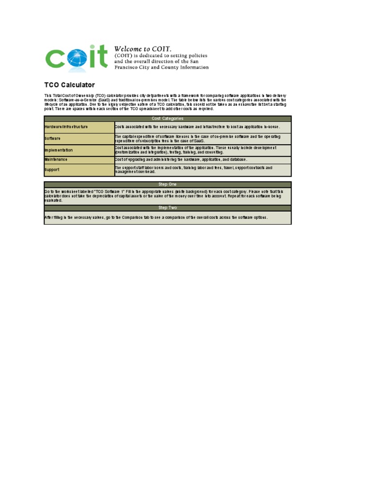 TCO Software Comparison Template | PDF | Total Cost Of Ownership ...