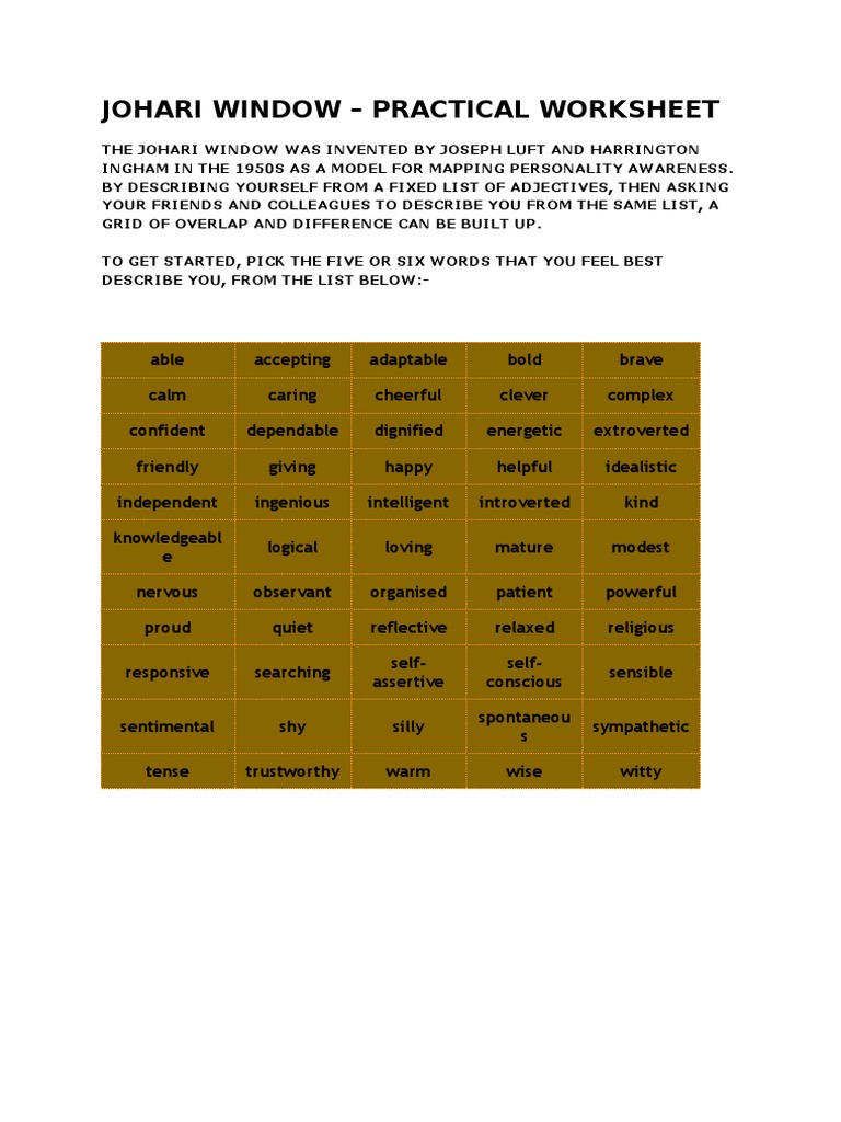 Johari Window - Practical Worksheet | PDF
