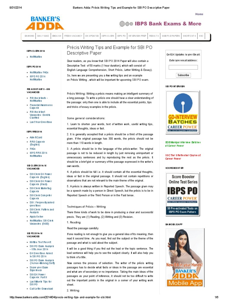 Précis Writing Tips and Example For SBI PO Descriptive Paper | Download ...