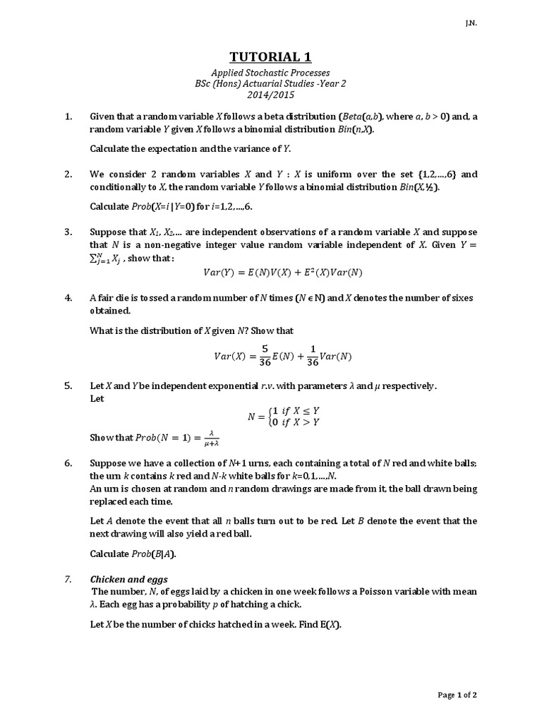 Tutorial Sheet 1 - Applied Stochastic Processes | PDF | Random Variable | Poisson Distribution