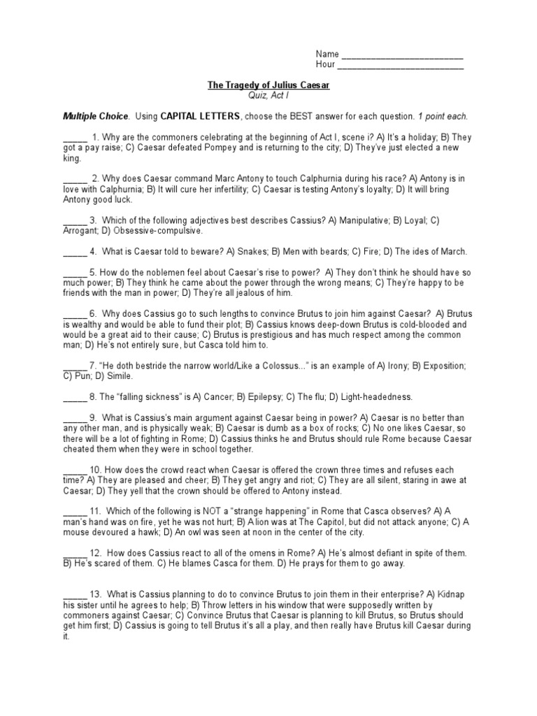 Julius Caesar Act I Quiz: MCQs | PDF | Marcus Junius Brutus The Younger ...
