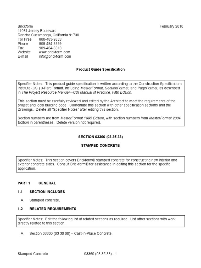 Brickform Stamped Concrete Guide Specifications B24121 | PDF | Concrete ...