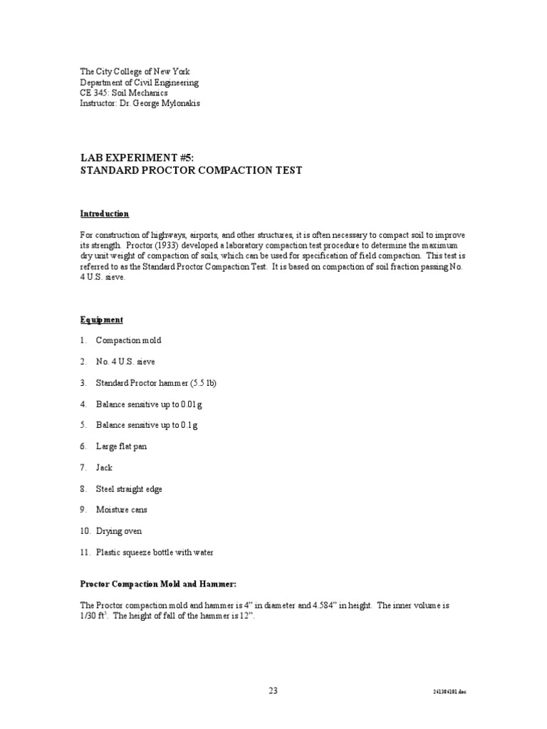 Lab Experiment #5: Standard Proctor Compaction Test | PDF | Soil ...