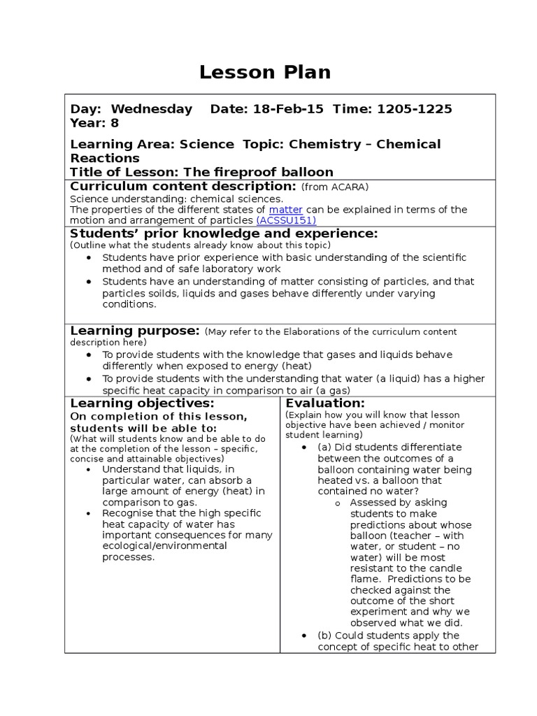 Fireproof Balloon Experiment Overview | PDF | Gases | Lesson Plan