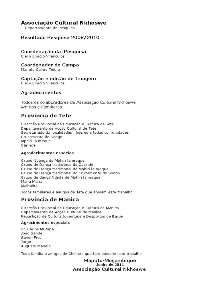 Resultados da Pesquisa Nkhoswe 2008-2010 | PDF | Turismo | Arte