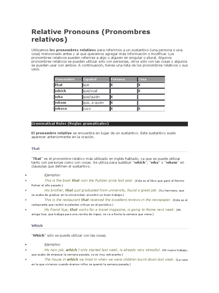 Pronombres Relativos en Inglés: Guía Completa | PDF | Sustantivo ...