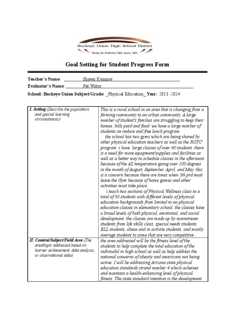 Goal Setting For Student Progress Form | PDF | Physical Fitness ...