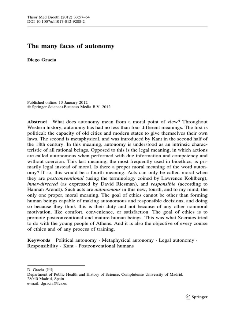 The Four Faces of Autonomy: Political, Metaphysical, Legal and Moral ...