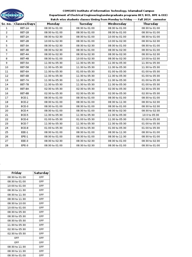 EE Time Table Spring 15 | PDF