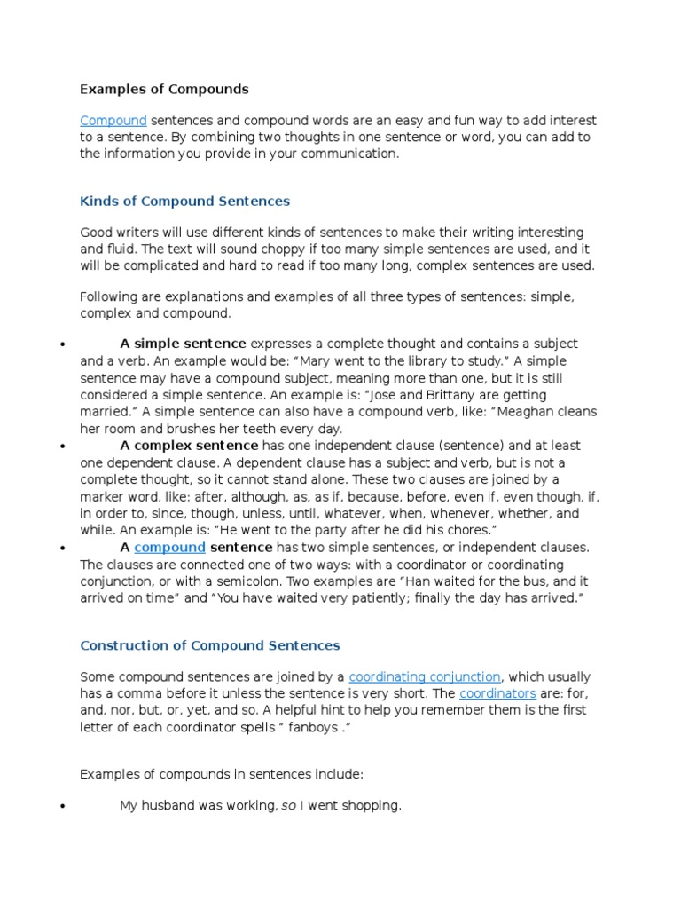 Examples of Compounds | PDF | Sentence (Linguistics) | Linguistic Typology