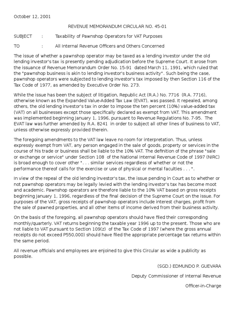 Revenue Memorandum Circular No. 45-01 | Value Added Tax | Taxes