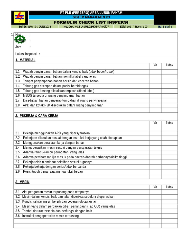 Form Checklist Inspeksi K3 PLN | PDF