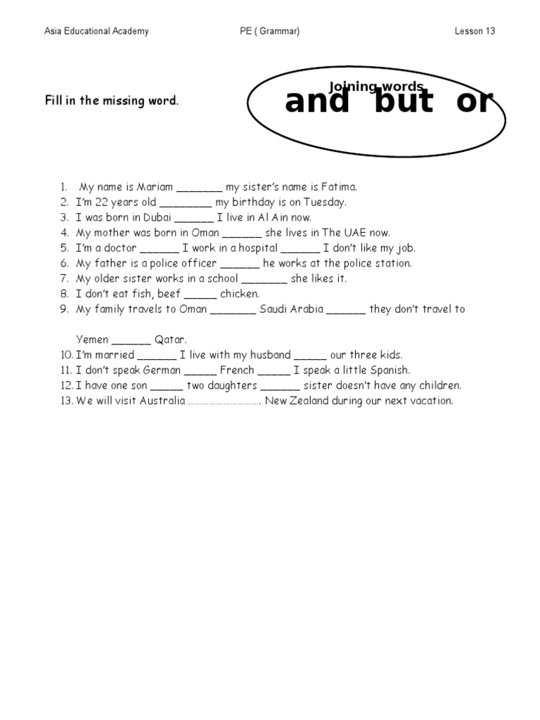 And But Or: Fill in The Missing Word | PDF | Wellness