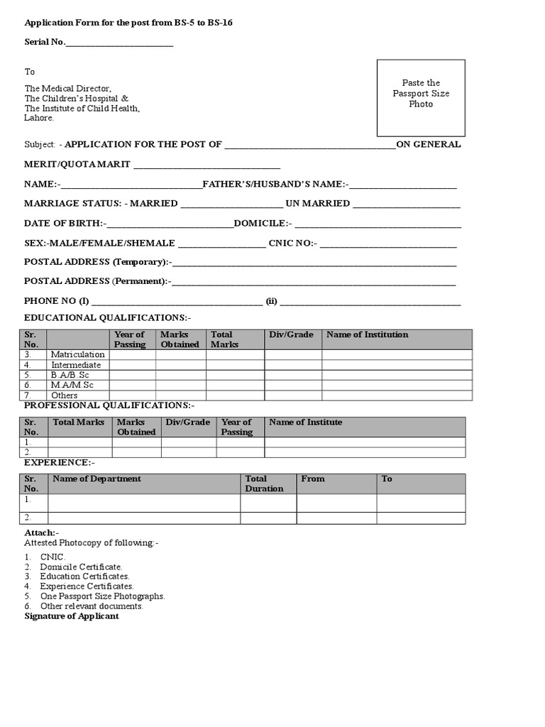 Job Application for BS-5 to BS-16 | PDF