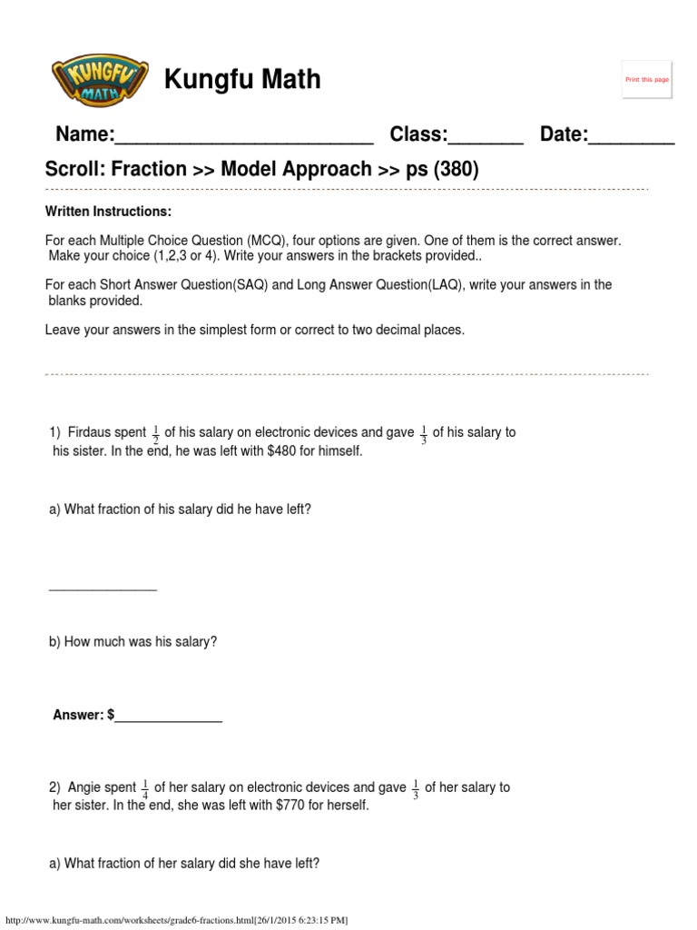 Singapore Math Worksheets Grade 6 Fractions | PDF | Teaching ...