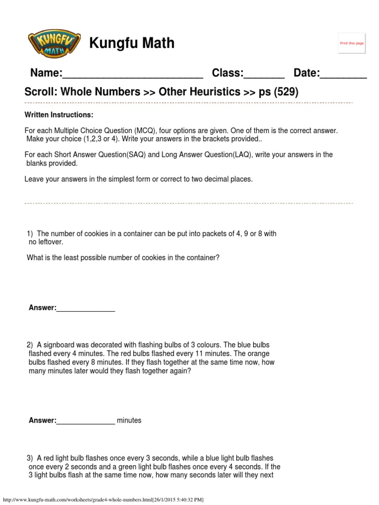 Singapore Math Worksheets Grade 4 Whole Numbers | PDF | Flash ...