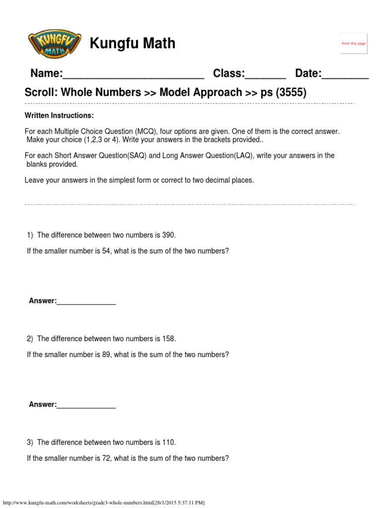 Singapore Math Worksheets Grade 3 Whole Numbers | PDF | Quality Of Life ...