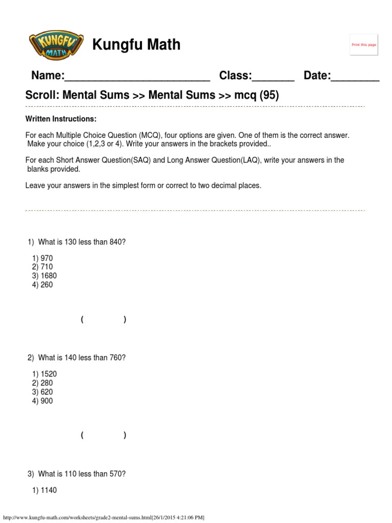 Singapore Math Worksheets Grade 2 Mental Sums | PDF | Multiple Choice ...