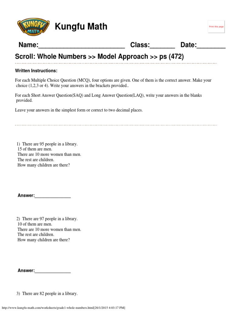 Singapore Math Worksheets Grade 1 Whole Numbers | PDF | Cognition ...