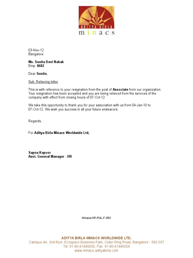 Relieving Letter | PDF | Career & Growth