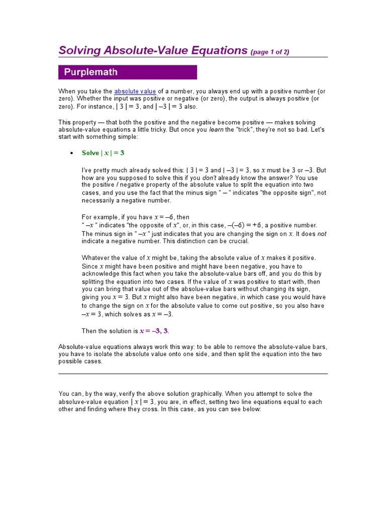 Solving Absolute | PDF | Quadratic Equation | Equations