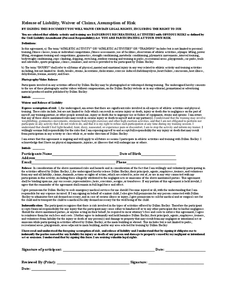 Personal Training Liability Waiver | Indemnity | Common Law Personal Training Liability Waiver | Indemnity | Common Law