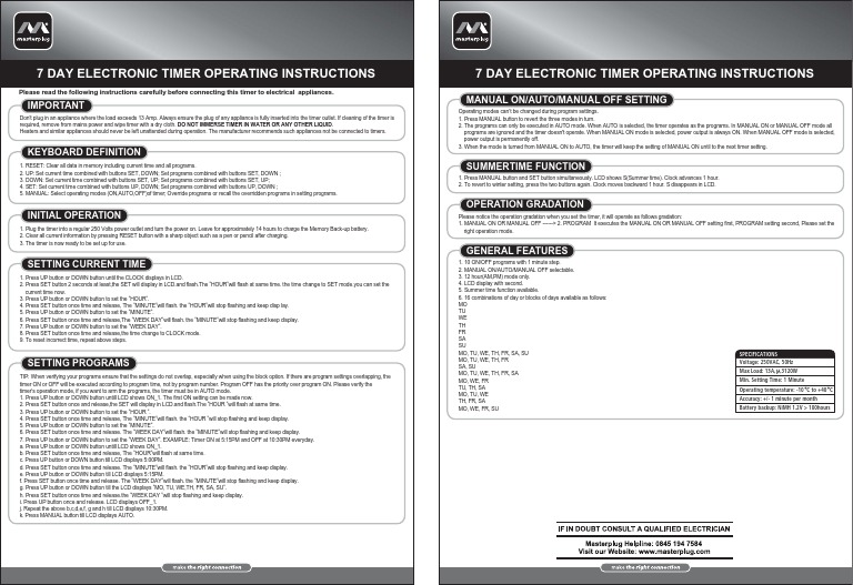 Masterplug Electronic Timer Instruction E PDF Home Appliance Timer