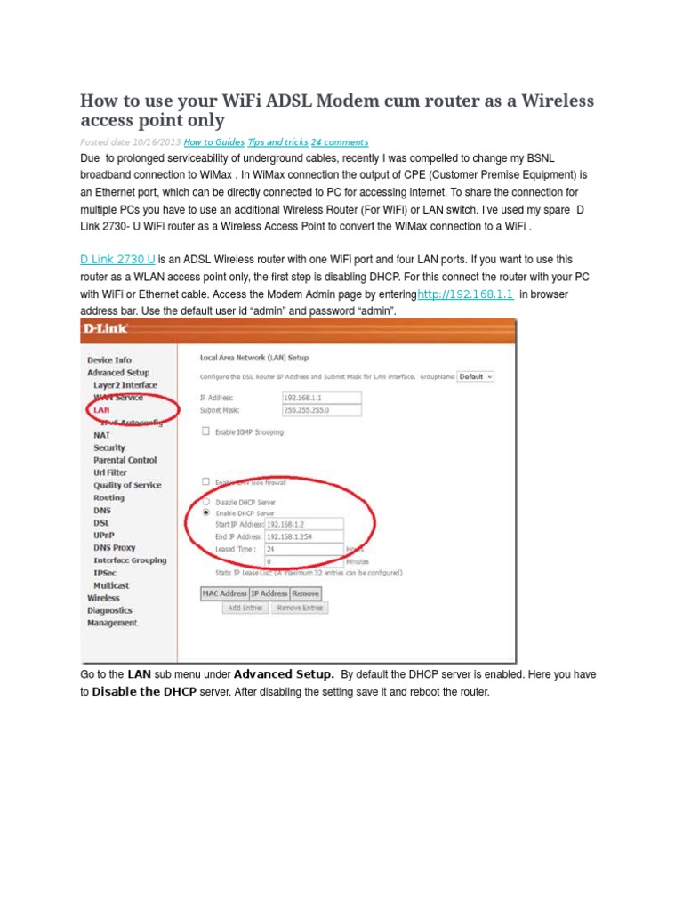 How to use your WiFi ADSL Modem as a Wireless Access Point | PDF ...