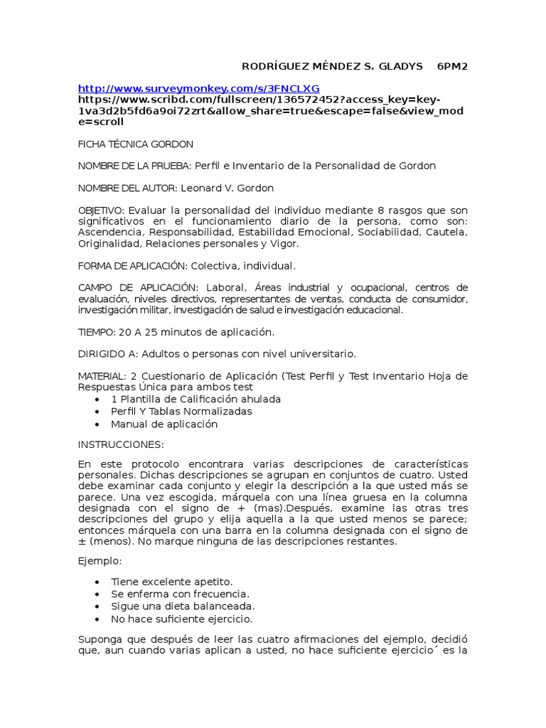 Test Gordon | PDF | Autoestima | Ciencias del comportamiento