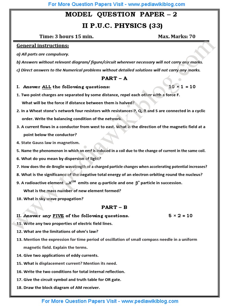 2nd PUC Physics Model Question Paper | PDF | Photoelectric Effect ...