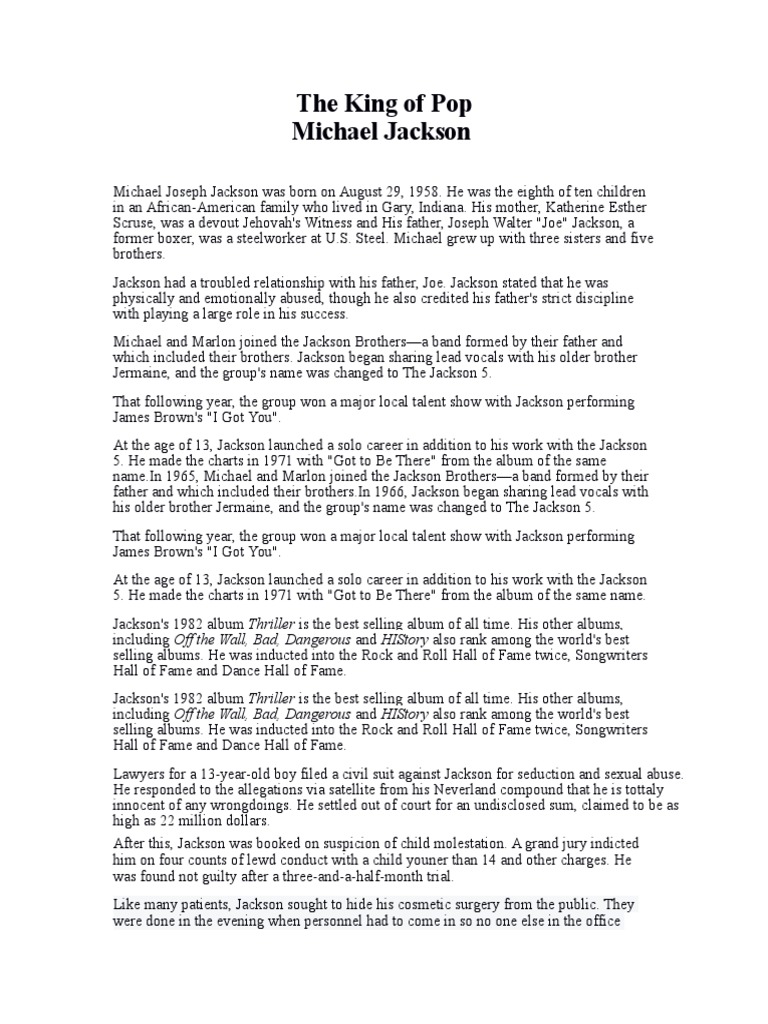 The King of Pop Michael Jackson | PDF | Michael Jackson | Violence