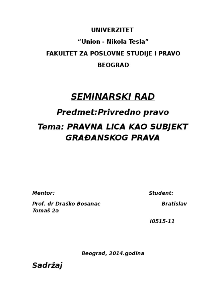 Seminarski Rad Gradjansko Pravo | PDF