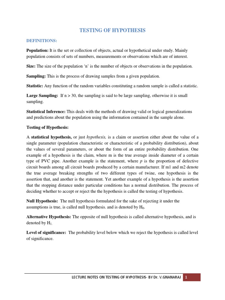 TESTING OF HYPOTHESIS NOTES | PDF | Statistical Hypothesis Testing ...