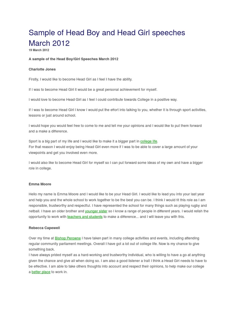 Sample of Head Boy and Head Girl Speeches March 2012 | PDF | Leadership