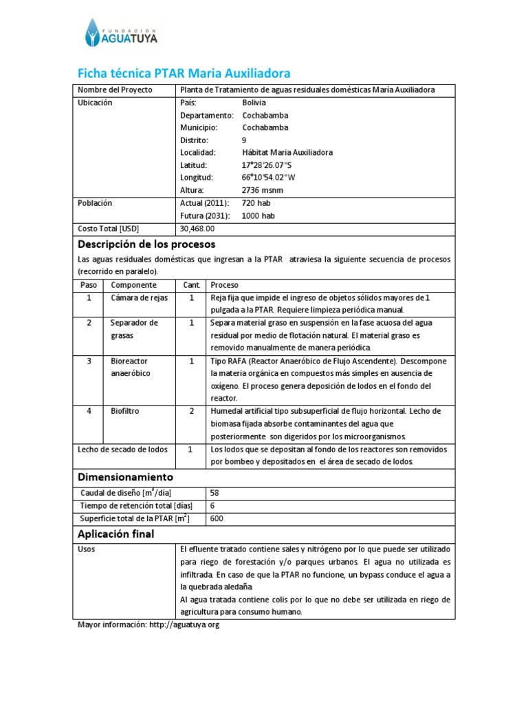 Ficha Tecnica PTAR | PDF | Gasolinera | Aguas residuales