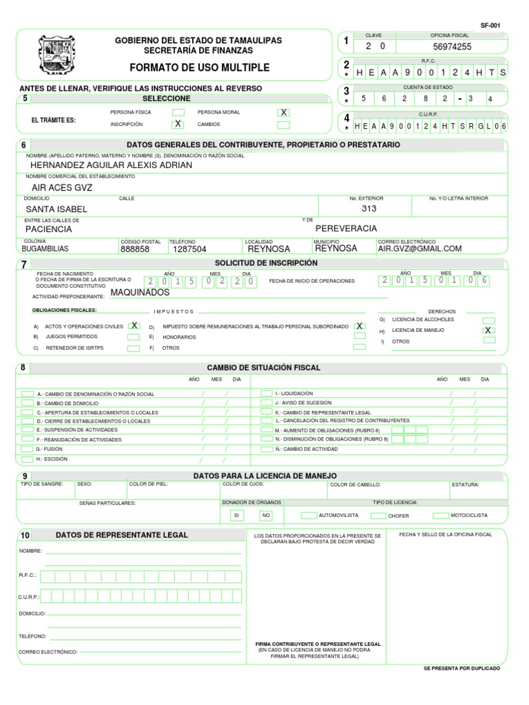 Formato SF-001 Tamaulipas 2025 | PDF