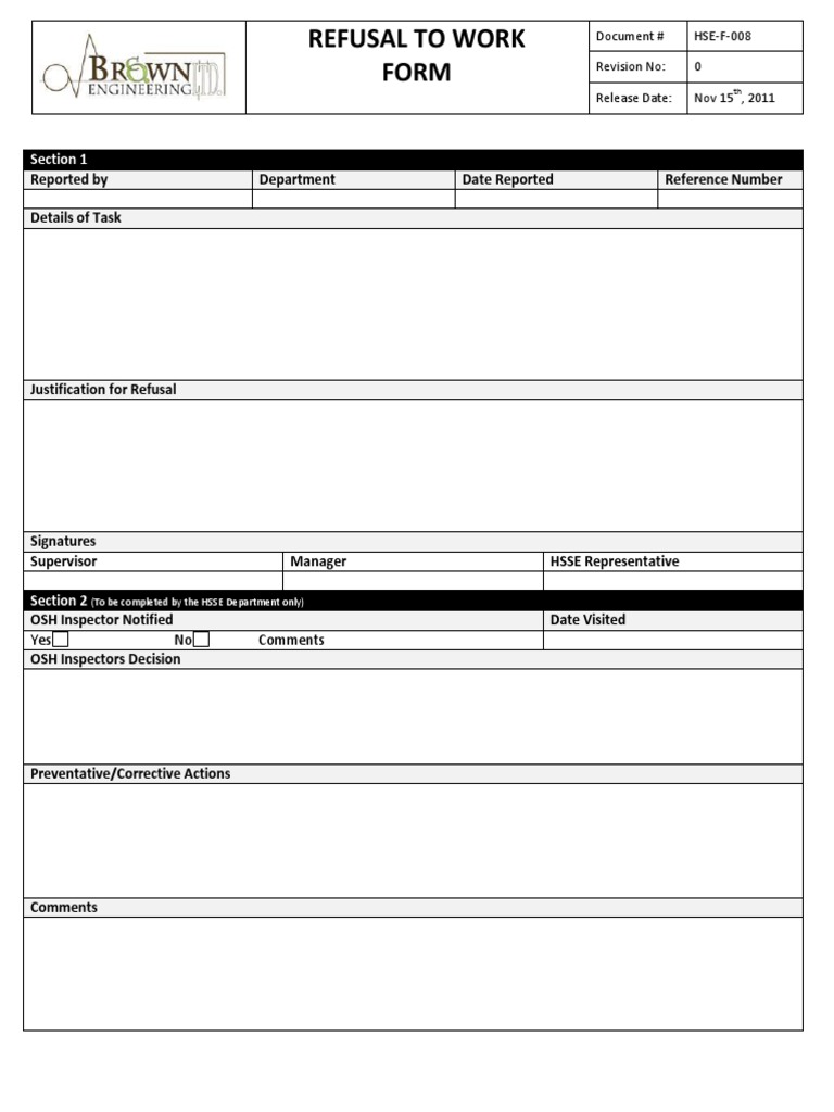 Refusal To Work Form: Section 1 | PDF