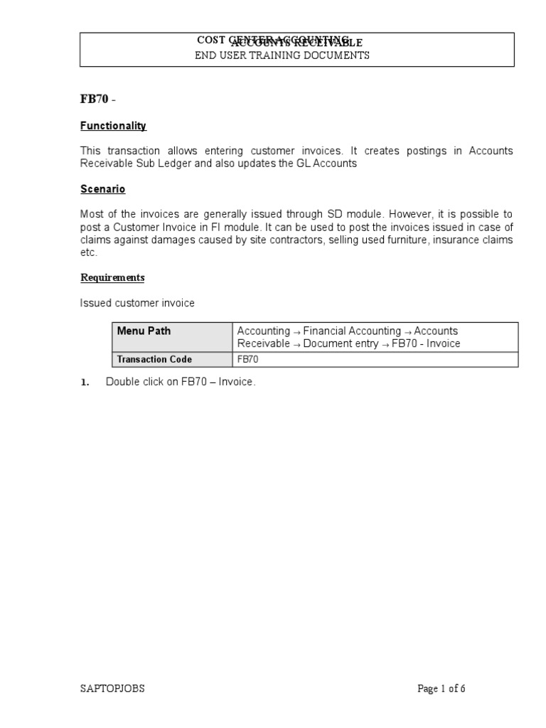 Accounts Receivable Cost Center Accounting: Transaction Code 1 | PDF ...