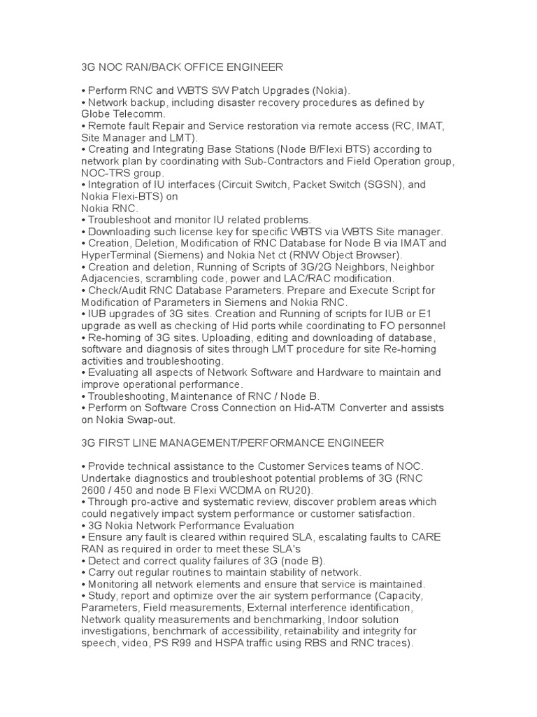 3G NOC RAN-Back Office CV Example | PDF | High Speed Packet Access | 3 G
