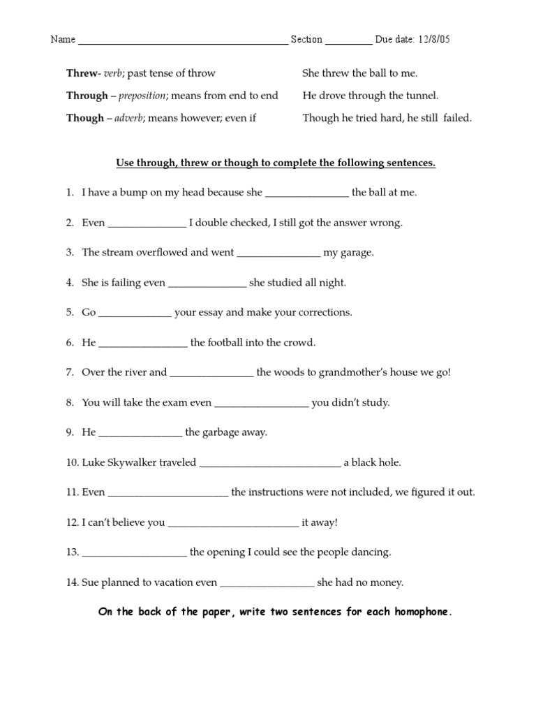 Threw Through Homophones Worksheet | PDF | Verb | Morphology