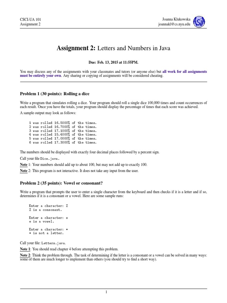 Assignment 2 Letters And Numbers In Java Problem 1 30 Points Rolling A Dice Pdf Source 3945