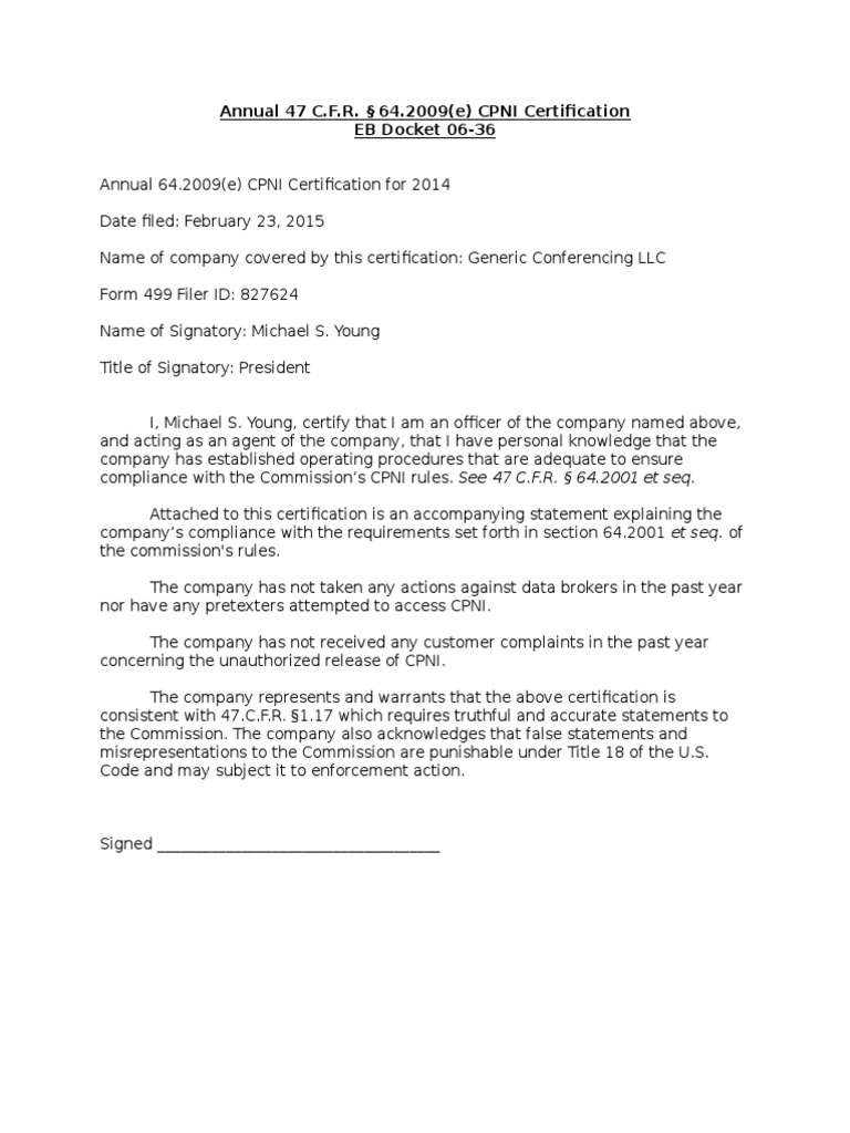 FCC CPNI Filing 2014 2-23-15 GenConf | PDF | Conference Call | Email