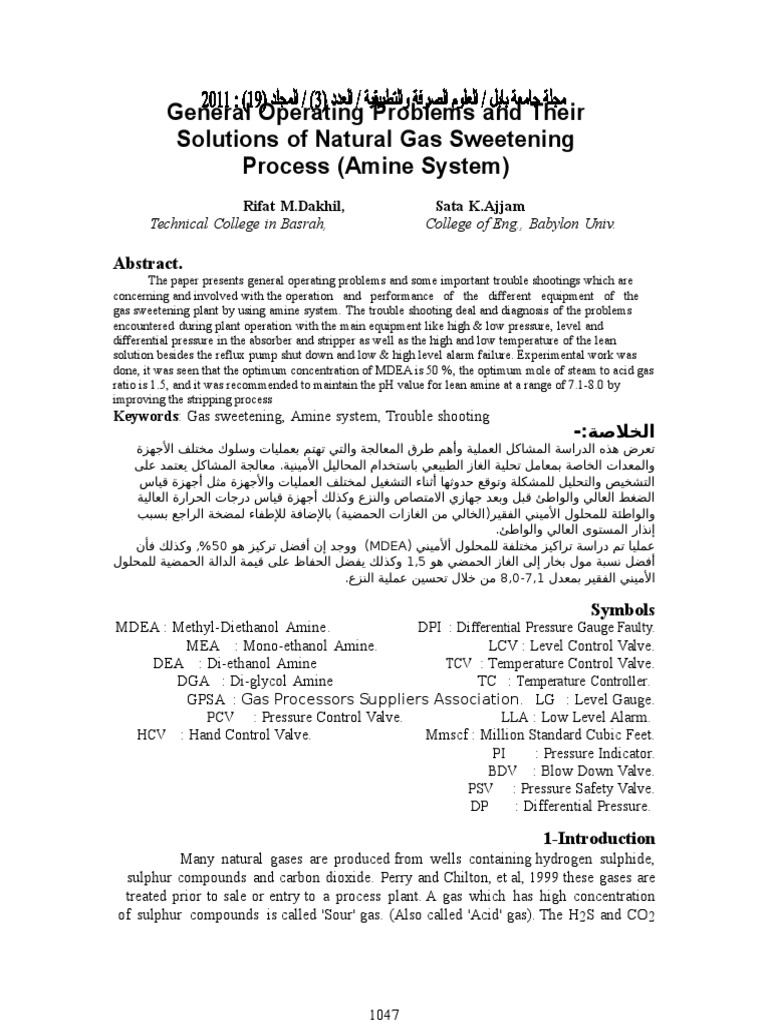 General Operating Problems and Their Solutions of Natural Gas Sweetening Process | PDF
